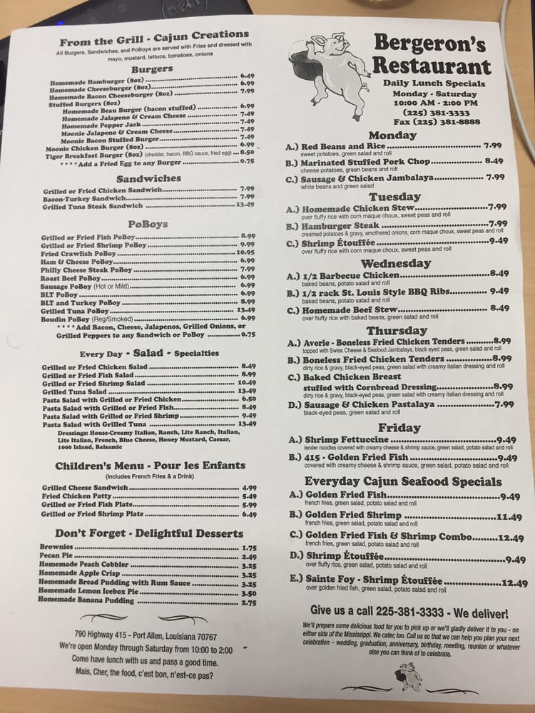 Online Menu of Bergerons Restaurant Restaurant, Port Allen, Louisiana ...