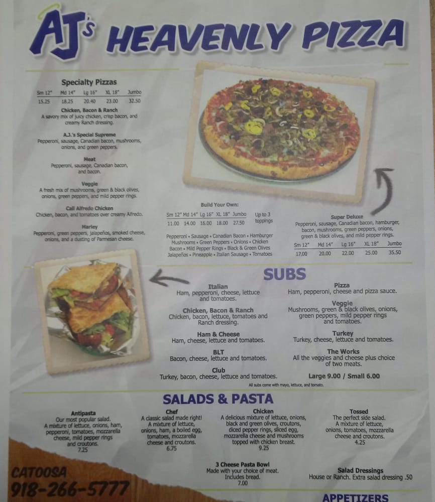 Online Menu of Ajs Heavenly Pizza Restaurant, Catoosa, Oklahoma, 74015 ...