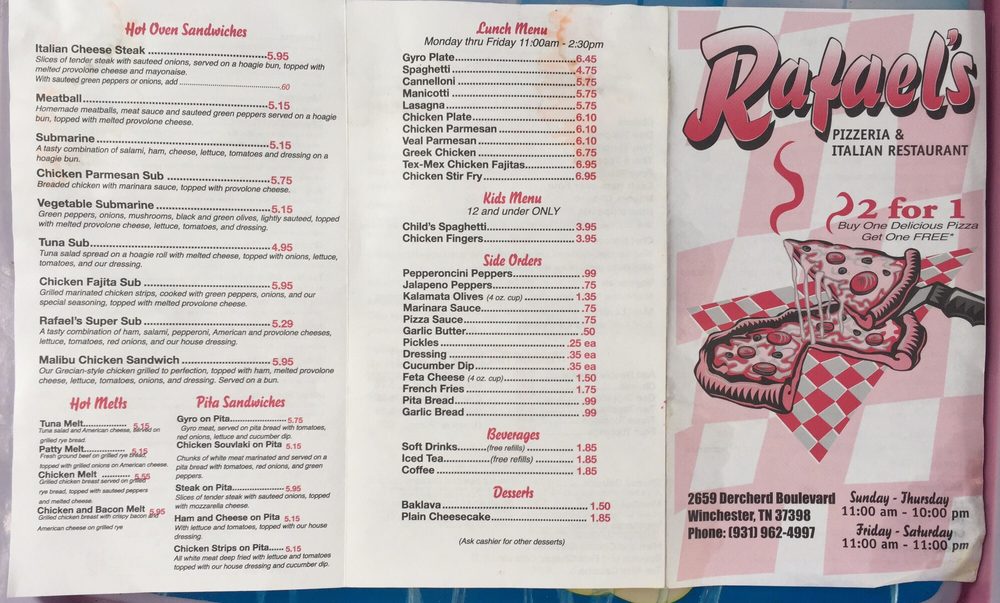 Online Menu of Raphaels Pizzaria & Restaurant Restaurant, Winchester ...