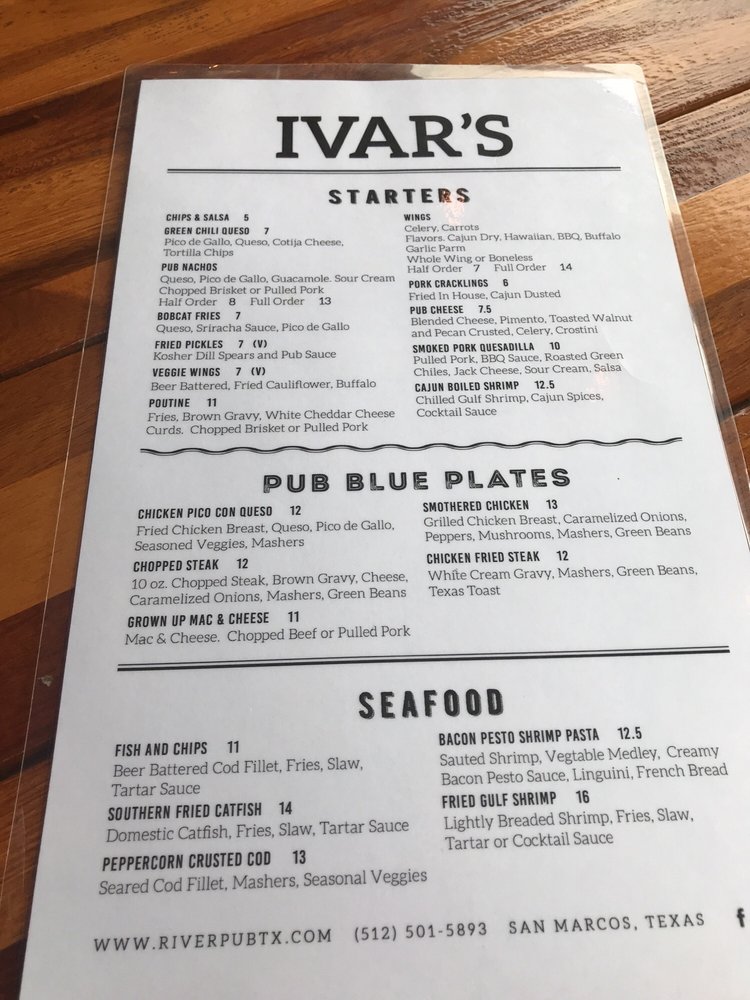 Online Menu of Ivars River Pub Restaurant, San Marcos, Texas, 78666 - Zmenu