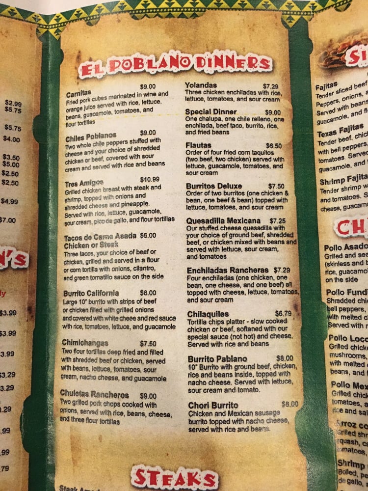 Online Menu of El Poblano Mexican Restaurant Restaurant, Chapin, South ...