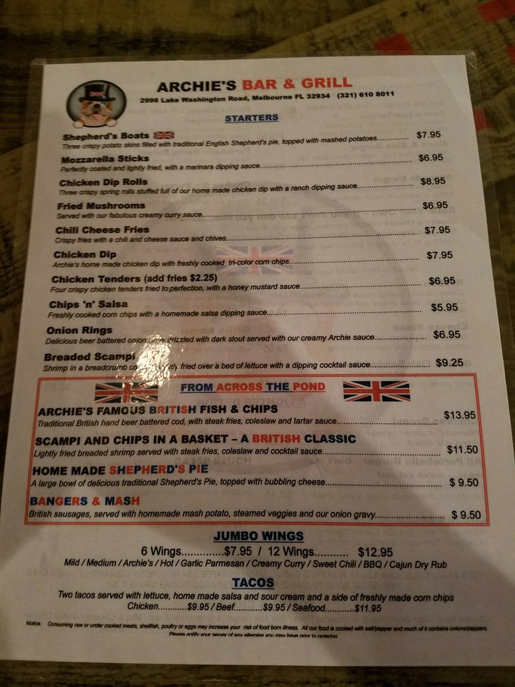 Menu at Archie's Bar & Grill, Melbourne