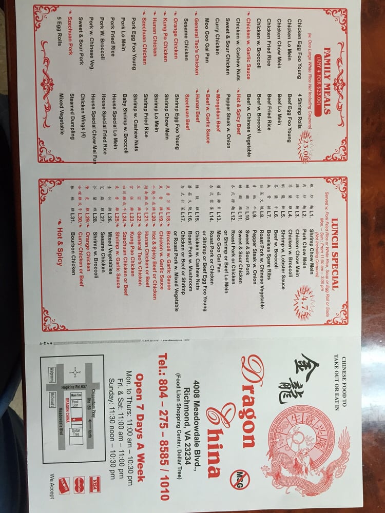 Dragon China - Chinese - 4008 Meadowdale Blvd, Richmond, VA ...