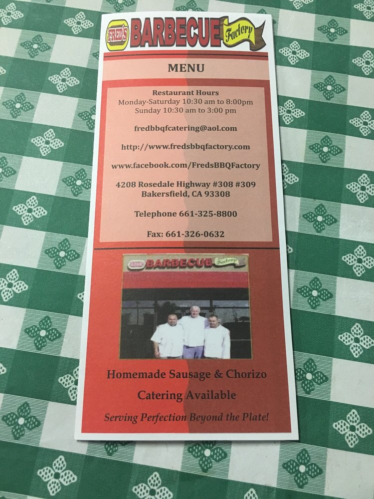 Menu at Fred's Barbecue Factory, Bakersfield