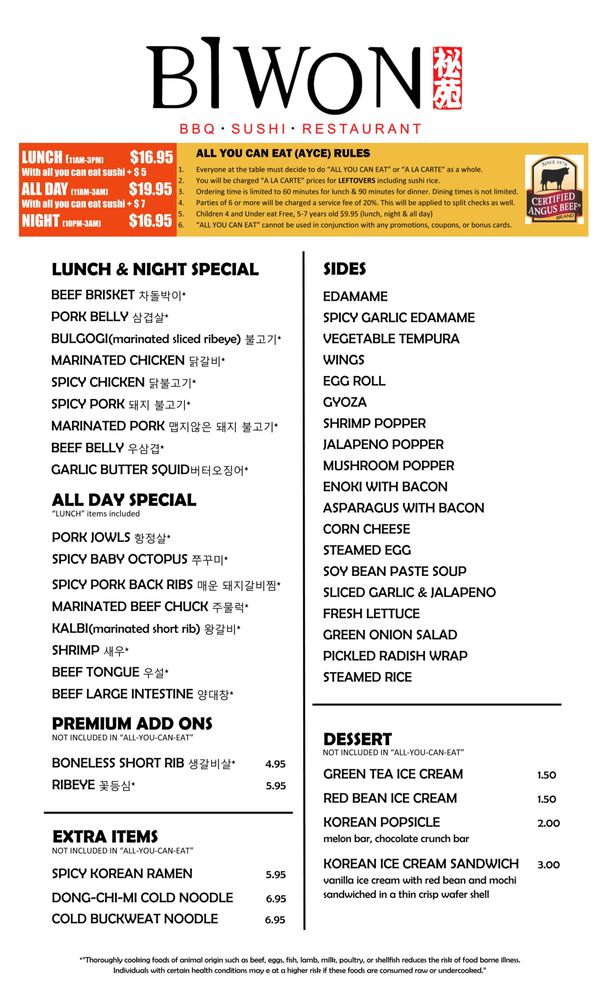 Online Menu of Biwon Korean BBQ & Sushi Restaurant Restaurant, Las ...